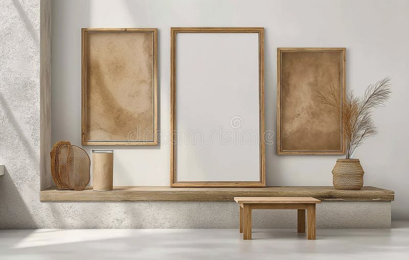 Wooden Blank Photo Frames on White Wall. Set of Empty Frames. Template ...