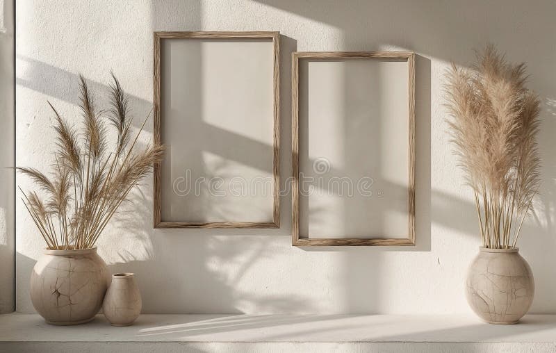 Wooden Blank Photo Frames on White Wall. Set of Empty Frames. Template ...