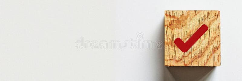 Wooden Block with Check Mark Icon on White Background, Flat Lay Top ...