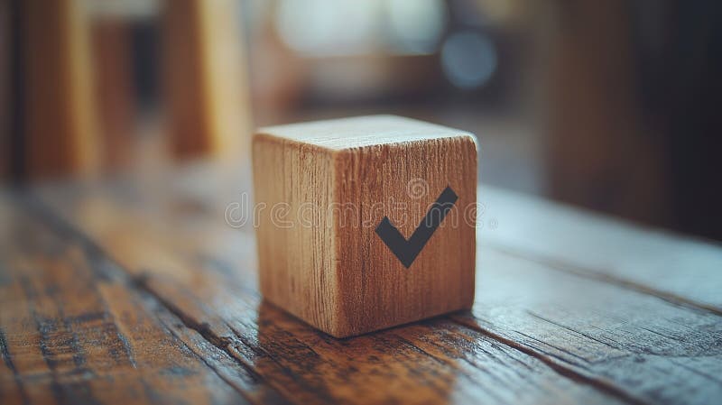 Wooden Block with a Check Mark Symbol on a Rustic Table Surface ...