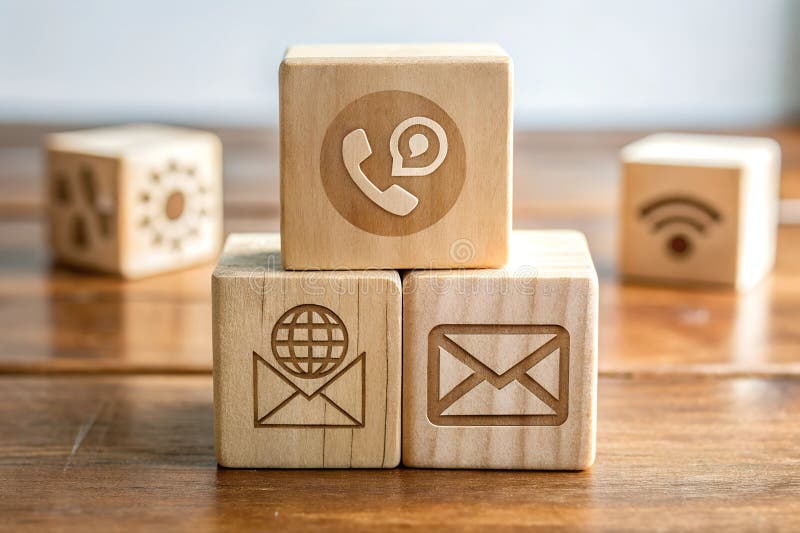 Wooden Block with Communication Icons Stock Illustration - Illustration ...