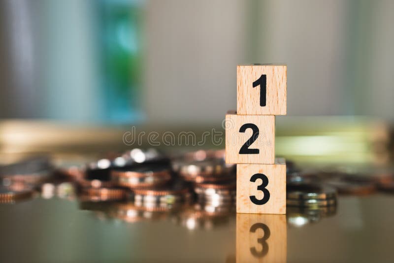 Wooden Block Number with Stack Coins Stock Photo - Image of reward ...