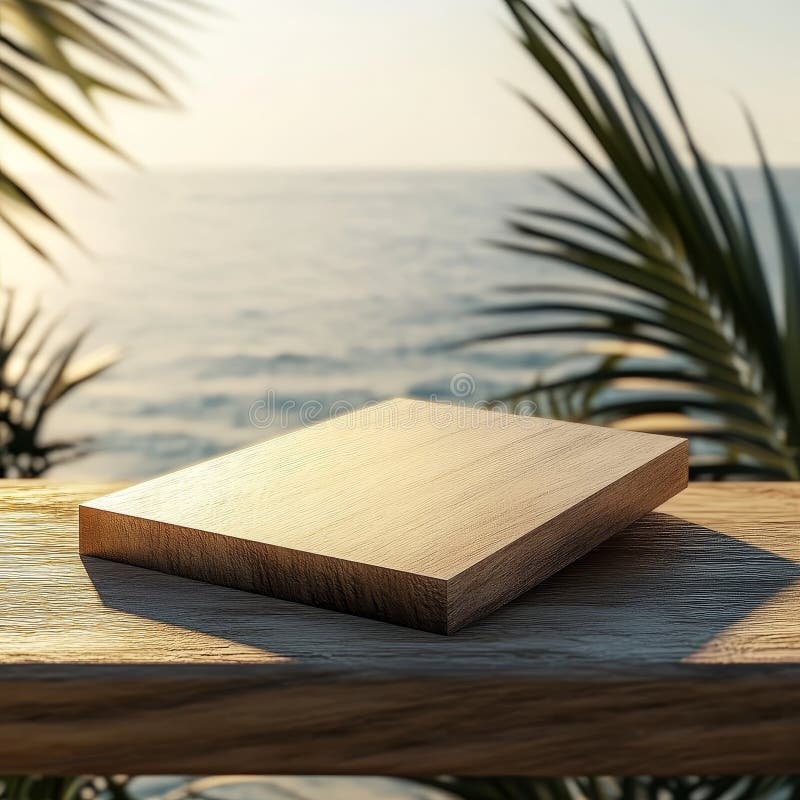 Wooden Block on Table with Palm Leaves and Sea Background. 3d Rendering ...