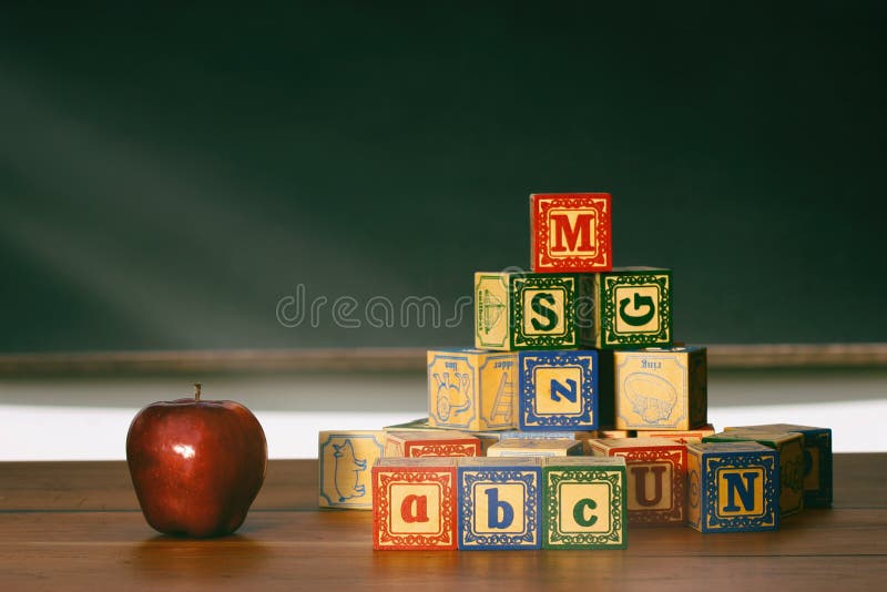 Wooden Blocks and Apple on Desk Stock Photo - Image of learn ...
