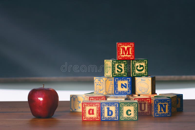 Wooden Blocks and Apple on Desk Stock Image - Image of scientific ...