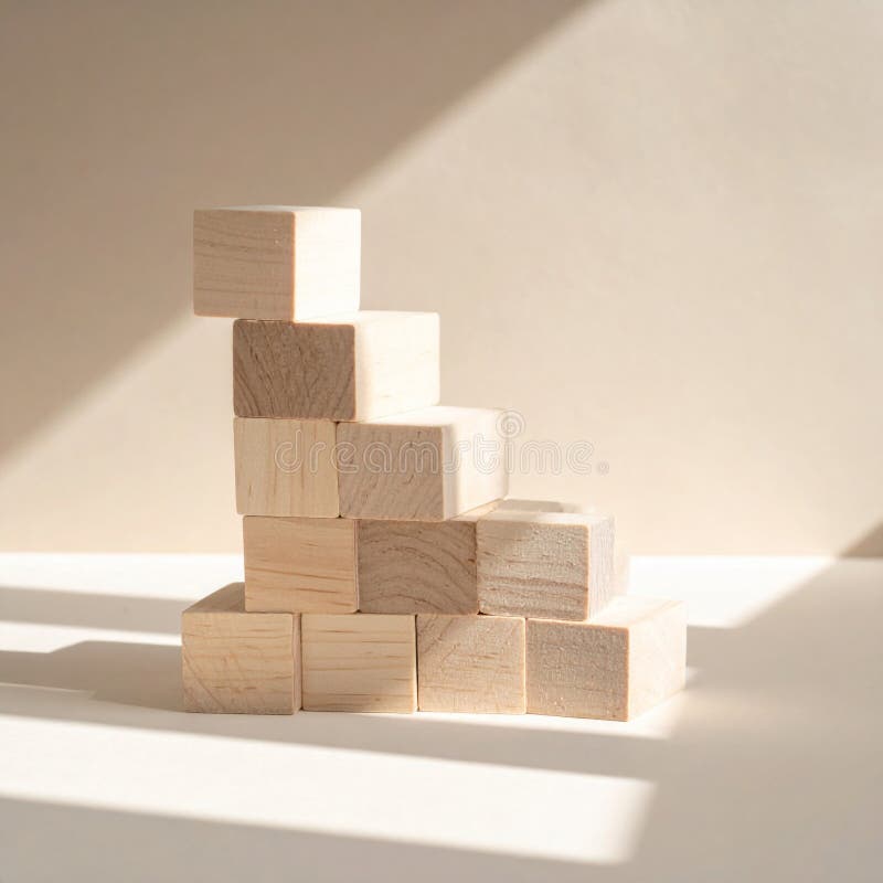 Wooden Blocks Arranged As Stair Steps in Beige Studio Background with ...
