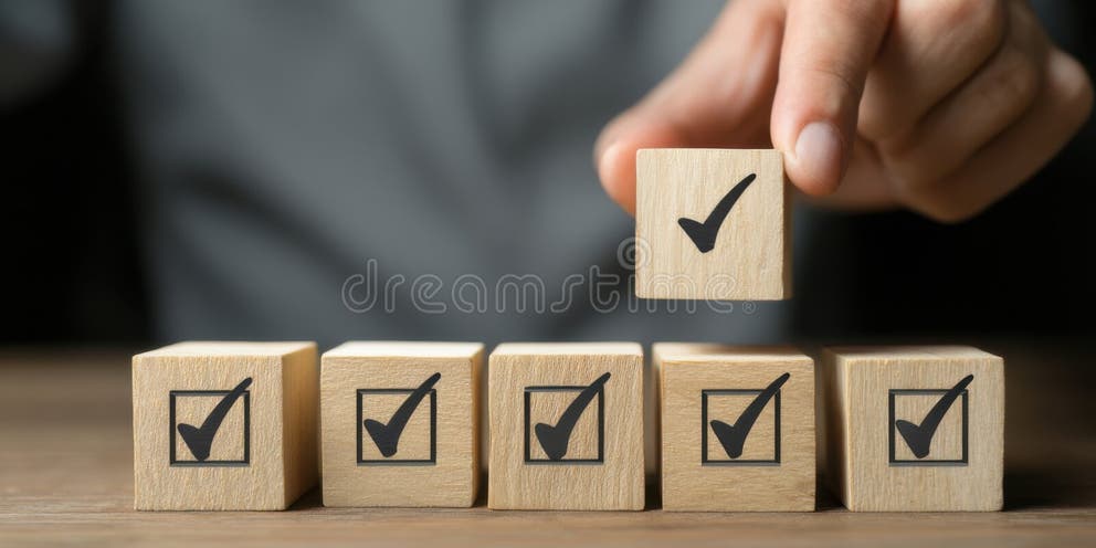 Wooden Blocks with Check Marks Signify Task Completion in a Workspace ...
