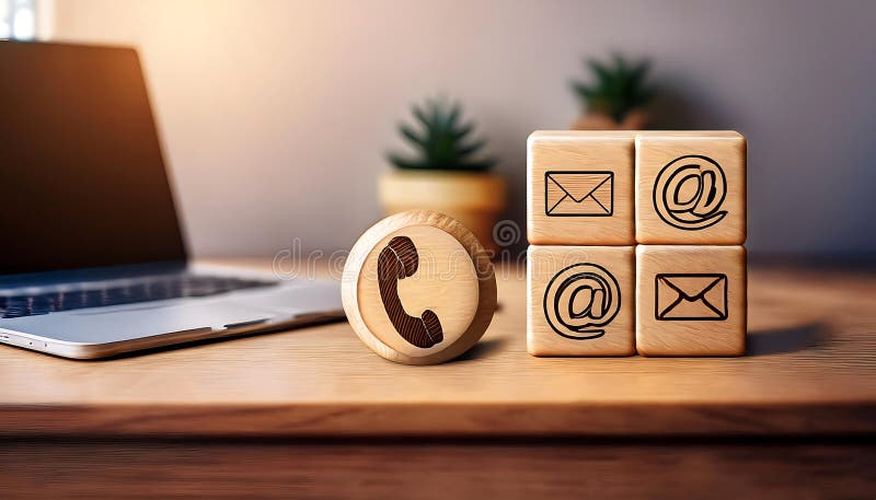 Wooden Blocks, Communication Icons, Email and Phone on the Table Stock ...