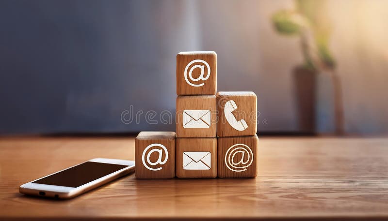 Wooden Blocks, Communication Icons, Email and Phone on the Table Stock ...