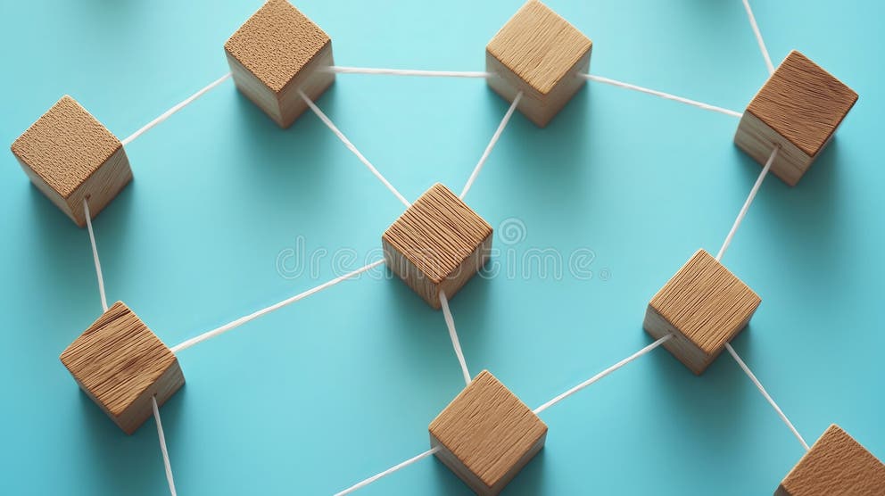 Wooden Blocks Connected by String on Blue Surface: Concept of Network ...