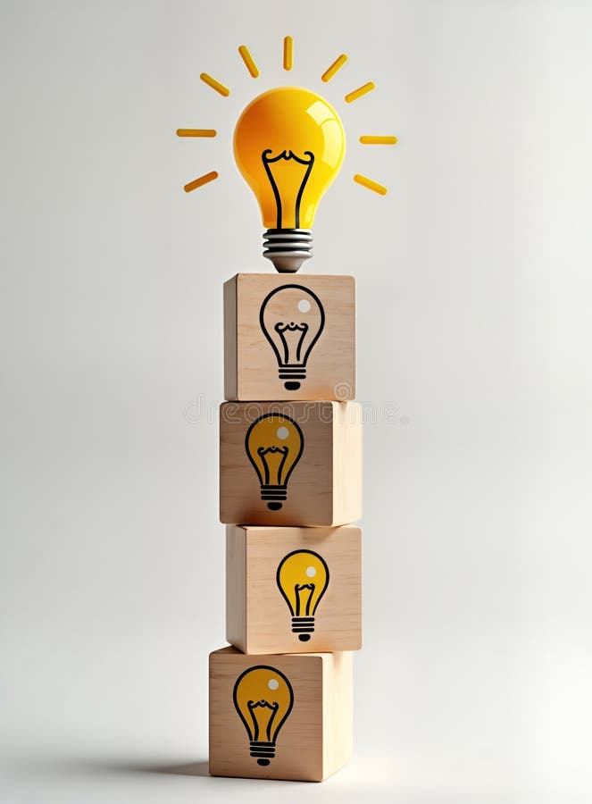 Wooden Blocks Create Tower. Lightbulb Icons Stack. Large Yellow Lightbulb Icon Atop Tower ...