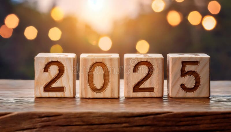 Wooden Blocks Display the Year 2025 on a Rustic Table during Sunset ...