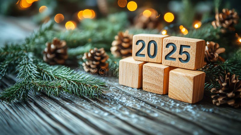 Wooden Blocks Displaying Year 2025 with Festive Pine Branches and ...