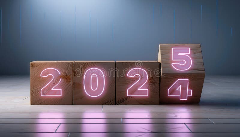 Wooden Blocks Displaying the Years 2024 and 2025 Illuminated in Neon ...