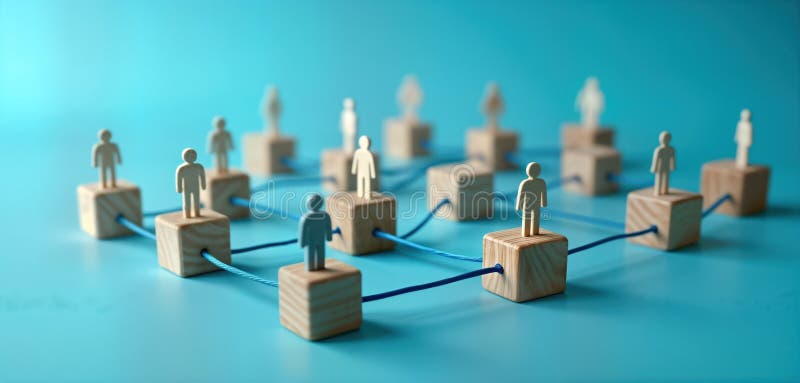 Wooden Blocks Form Network. Small Wooden Figures Represent People. Blue ...