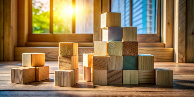 Wooden Blocks Forming Various Structures, Illuminated by Sunlight ...