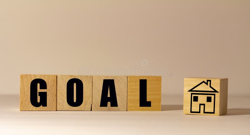 Wooden Blocks with Goal and a House. Stock Image - Image of concept ...