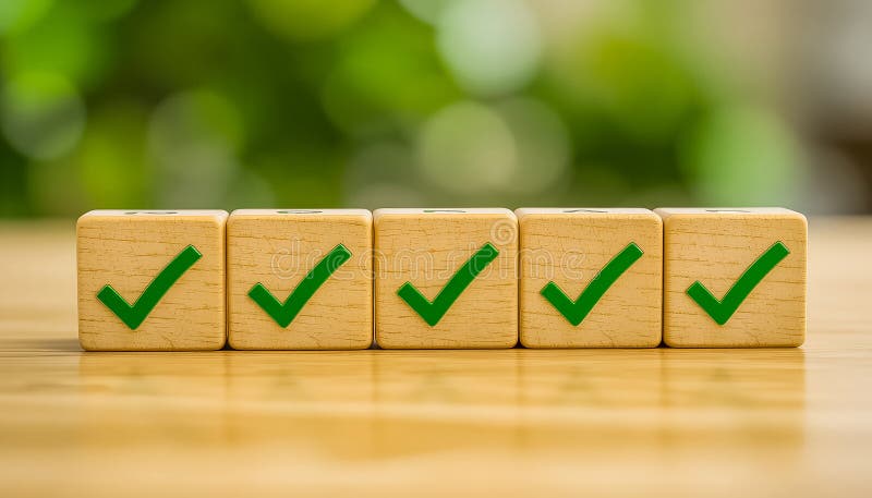 Wooden Blocks with Green Checkmarks Representing Successful Completion ...