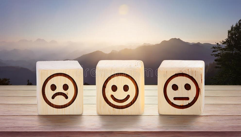 Wooden Blocks with Happy and Sad Faces Form a Pyramid Structure Stock ...