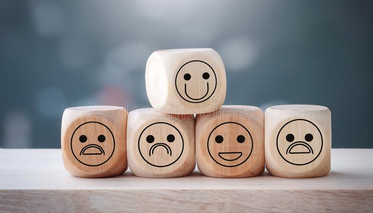 Wooden Blocks with Happy and Sad Faces Form a Pyramid Structure Stock ...