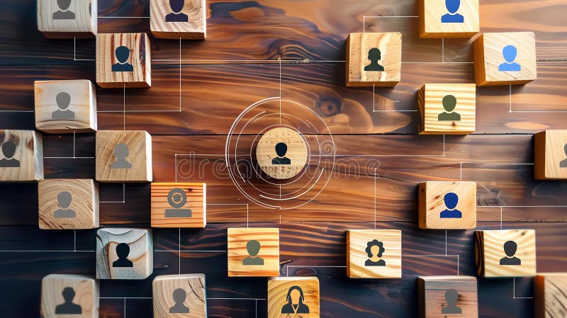 Wooden Blocks with Human Figures Arranged in a Network Pattern on a ...