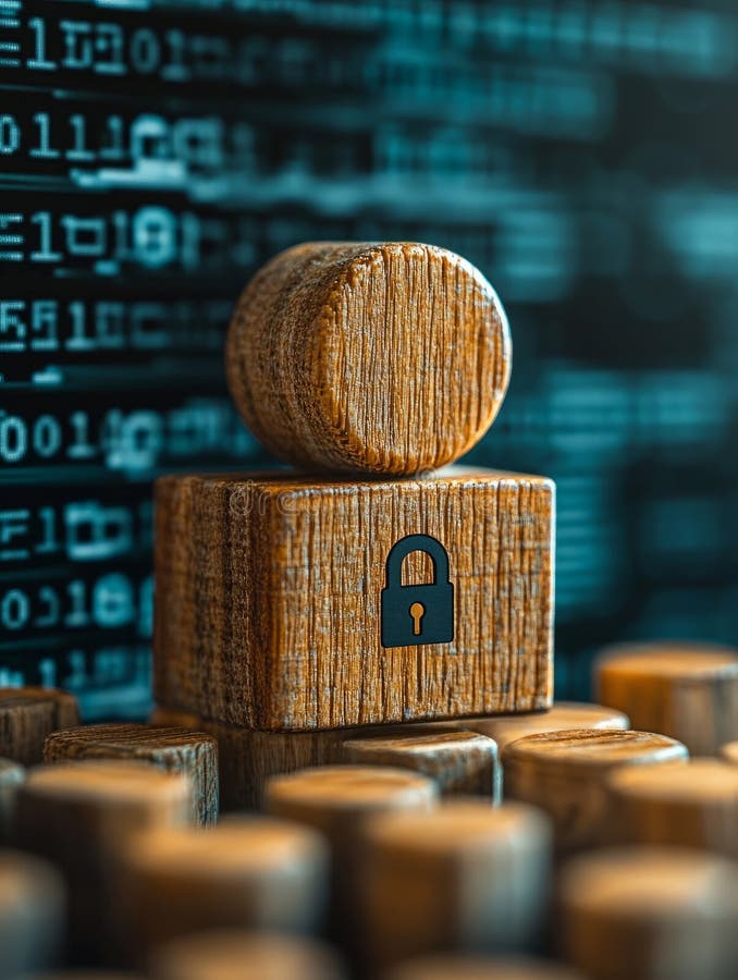 Wooden Blocks with a Lock Symbol and Digital Code Background. Stock ...