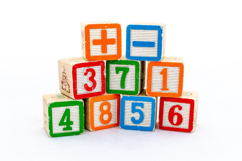 Wooden Blocks with Numbers and Plus and Minus Sign Isolated on White ...