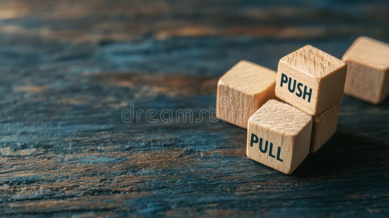 Wooden Blocks with Push and Pull Words on Rustic Wooden Background Stock Illustration ...