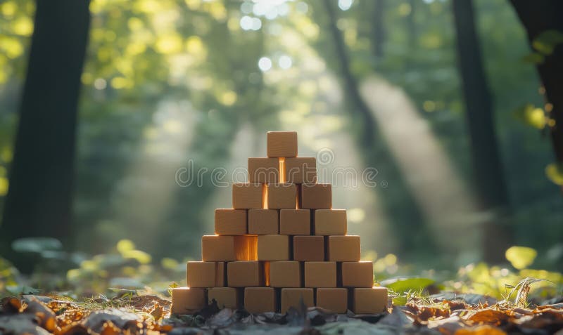 Wooden Blocks Pyramid Structure in Serene Forest with Sunlight Rays ...