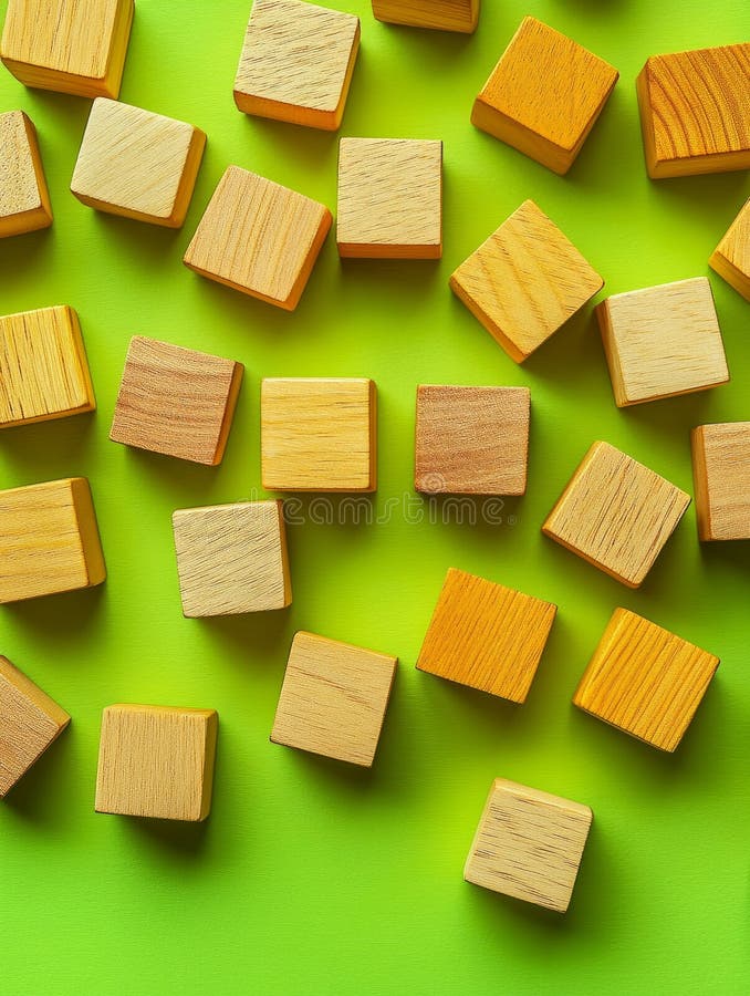 Wooden Blocks Scattered on a Green Background. Stock Image - Image of ...