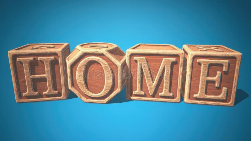 Wooden Blocks Spelling HOME Against a Bright Blue Background. Stock ...