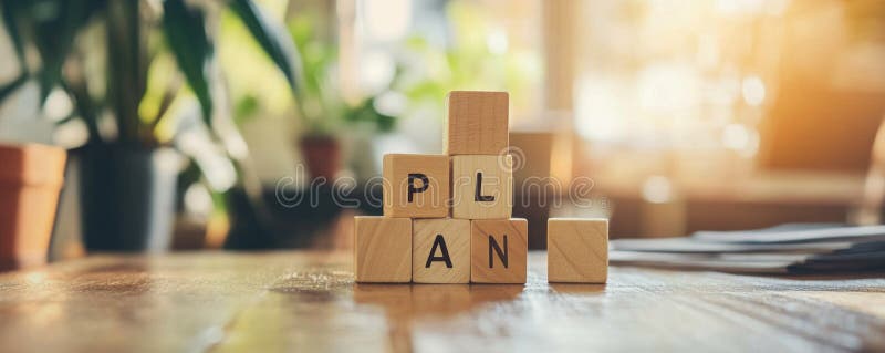 Wooden Blocks Spelling Plan on a Table, Office Banner Stock ...