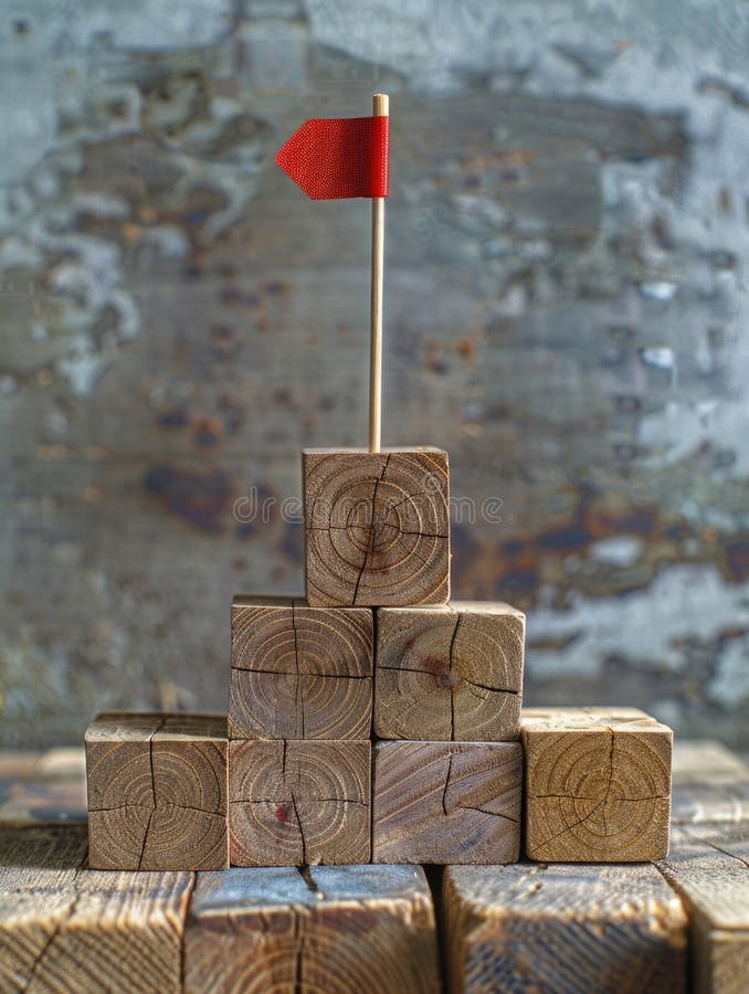 Wooden Blocks Stack with Red Flag Stock Photo - Image of construction ...