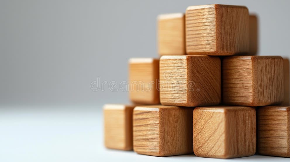 A Pyramid Stack of Wooden Blocks on a White Surface with Gray Backdrop ...