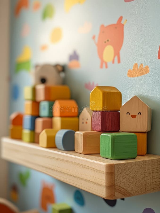 Wooden Blocks Stacked on a Shelf in a Child S Room. Stock Image - Image ...