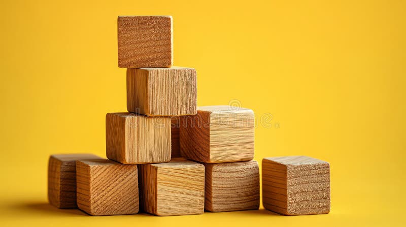Wooden Blocks Stacked on a Yellow Background. Stock Photo - Image of ...