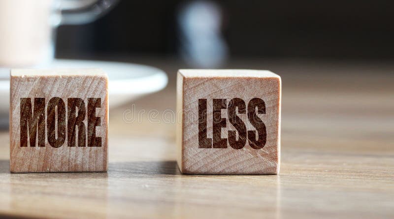 Wooden Blocks on Wooden Table with More and less Signs. Business ...