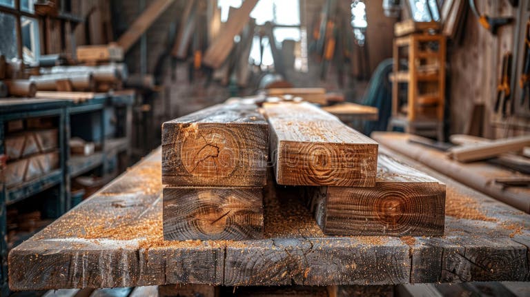 Wooden Blocks on a Table in a Workshop Stock Photo - Image of handcraft ...