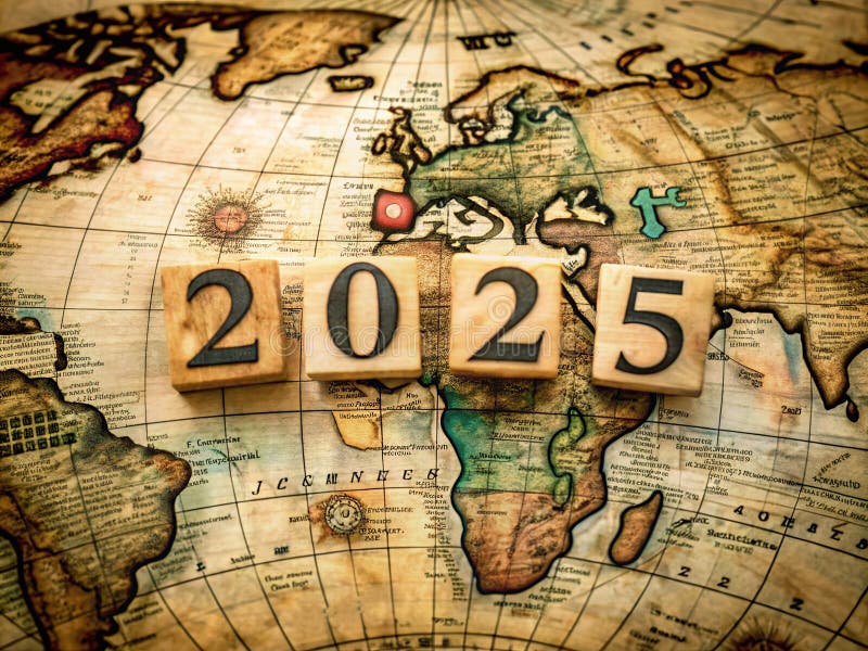 2025 in Wooden Blocks on Vintage World Map with Aged Sepia Texture ...