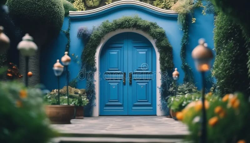 Wooden Blue Door in a Magic Garden Stock Illustration - Illustration of ...
