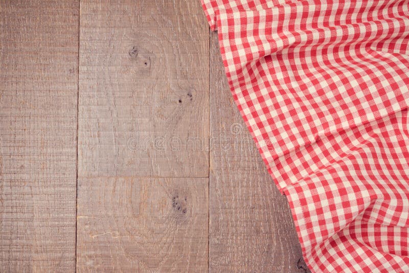 Wooden Board Background with Red Checked Tablecloth. View from Above ...
