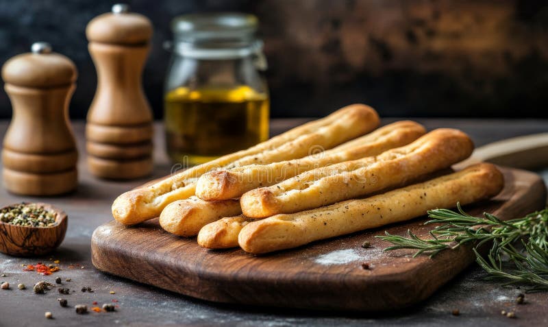 Wooden Board with Baked Breadsticks and Herbs Stock Illustration ...