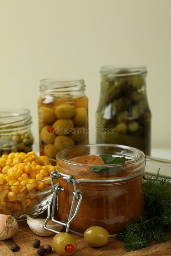 Wooden Board with Canned Food, Space for Text Stock Image - Image of ...