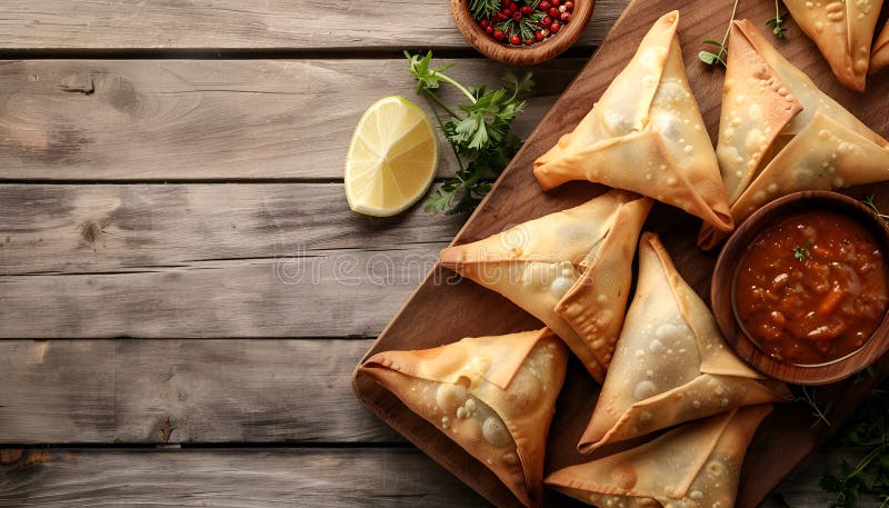 Wooden Board with Delicious Samosas on Table Stock Photo - Image of ...
