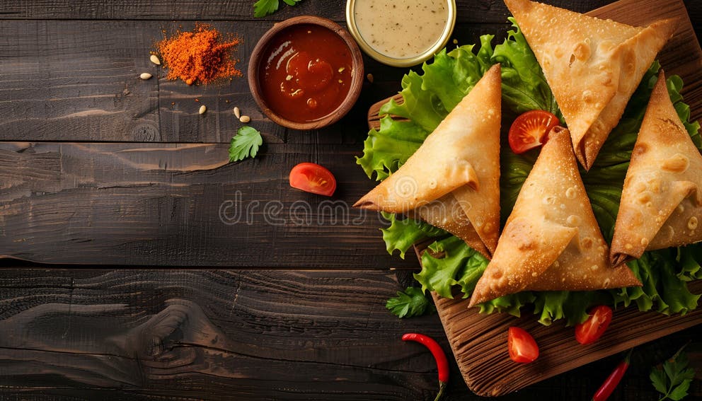 Wooden Board with Delicious Samosas on Table Stock Photo - Image of ...