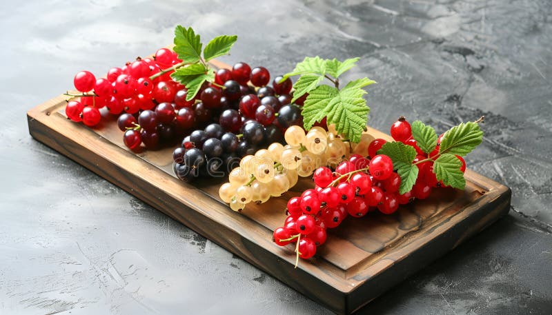 Wooden Board with Different Fresh Ripe Currants and Green Leaf, Closeup ...