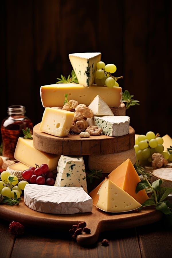 Wooden Board with Different Types of Cheese and Grapes Stock Image ...