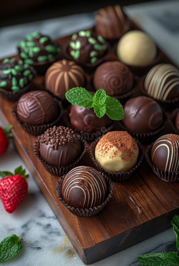 Wooden Board with Different Types of Chocolate Pralines Stock Image ...