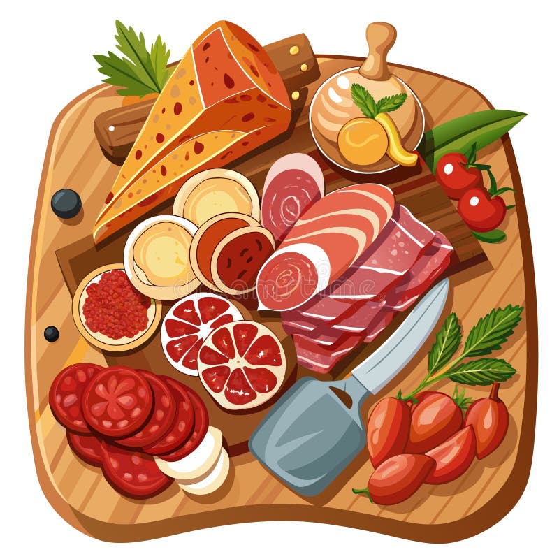 A Wooden Board with Different Types of Cured Meats Stock Vector ...