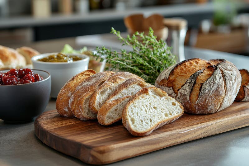 A Wooden Board Displaying Sliced Bread, Accompanied by Condiments and ...
